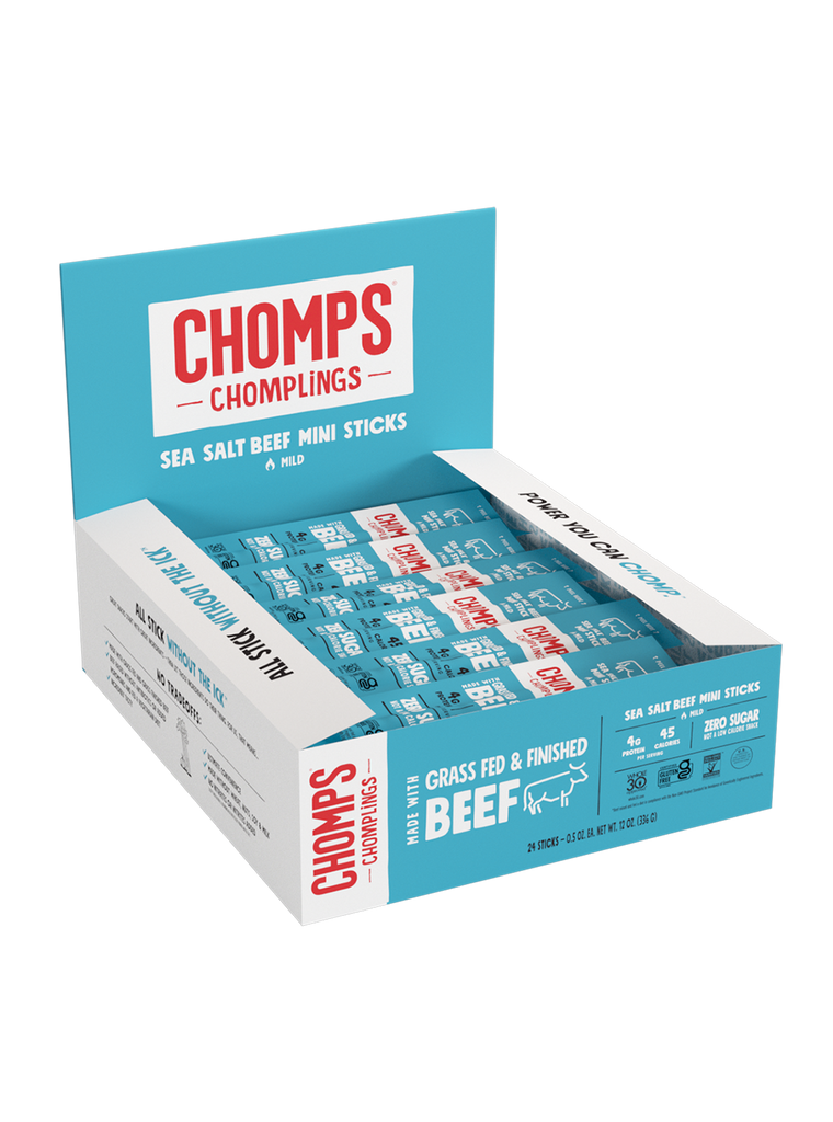 Gluten Free Mini Sea Salt Beef Jerky Sticks | Chomplings | Chomps